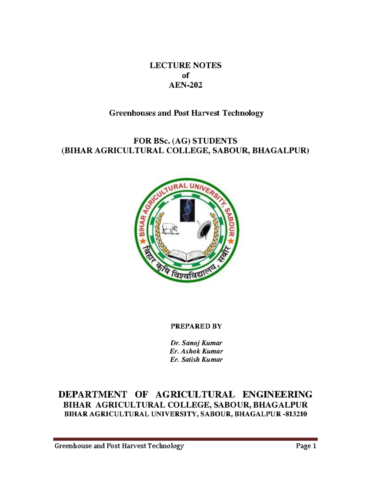 AEN 321 - Lecture Notes on Greenhouse & Post Harvest Technology - Studocu