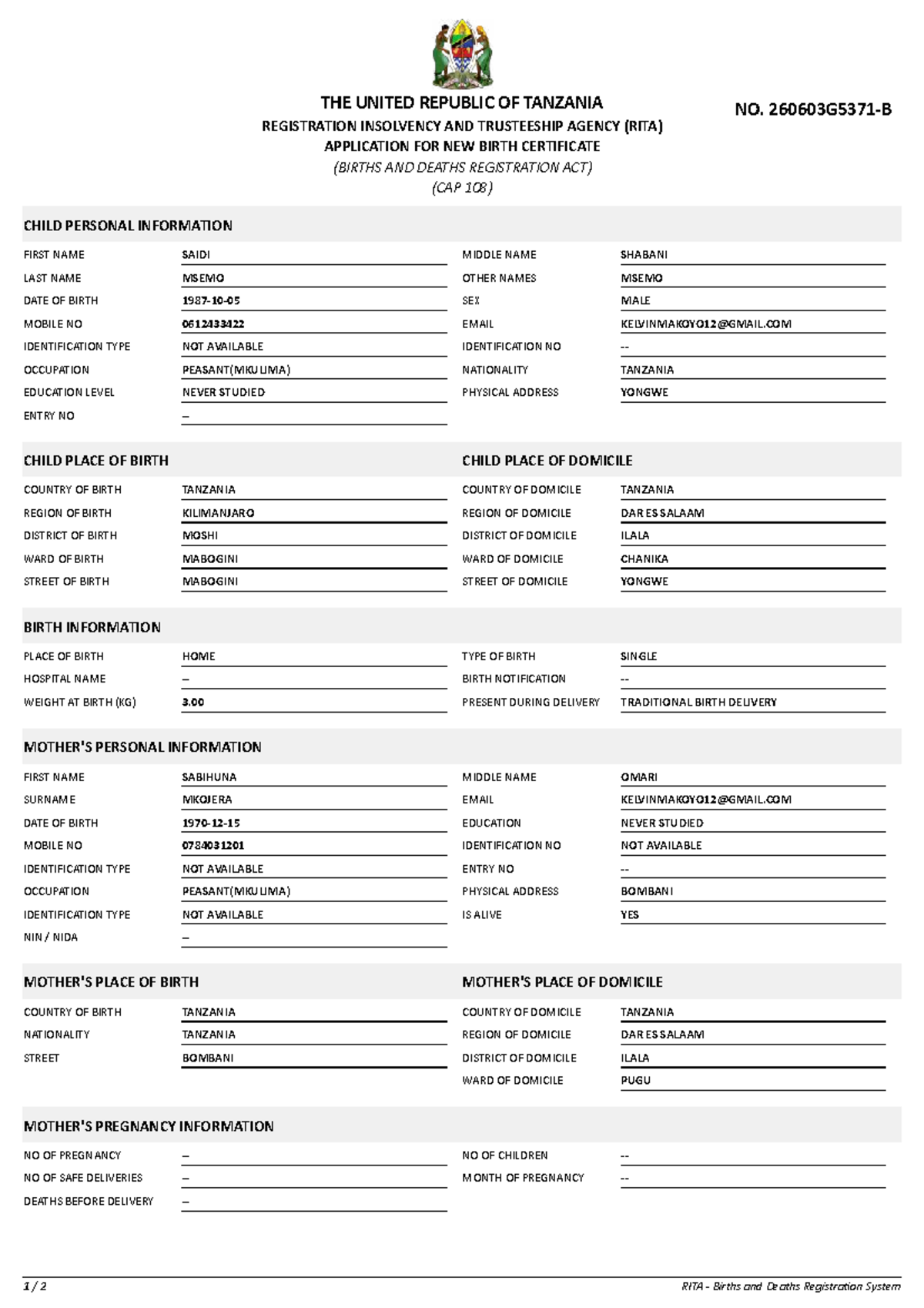 RITA Application for New Birth Certificate - Tanzania - Studocu