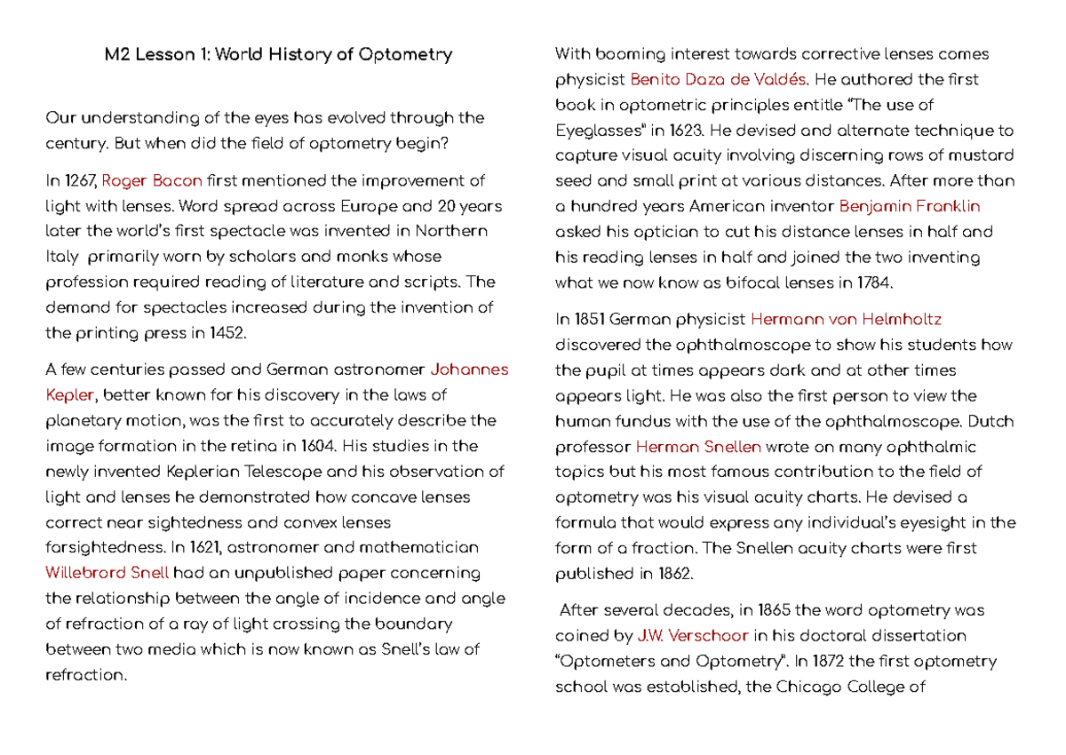 M2 Lecture Notes: History of Optometry and Its Impact - Studocu
