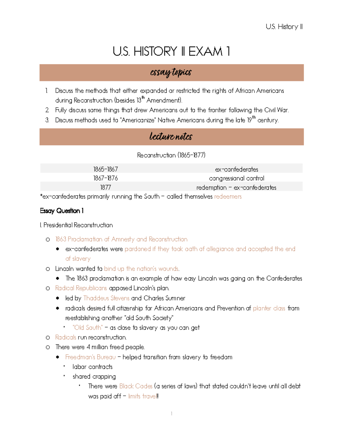 U.S. History II Final Exam Essay Topics and Lecture Notes - U. HISTORY ...