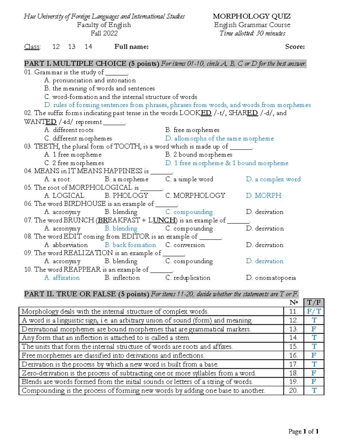 22 23 English Grammar Morphology Quiz Key and Answers - Studocu