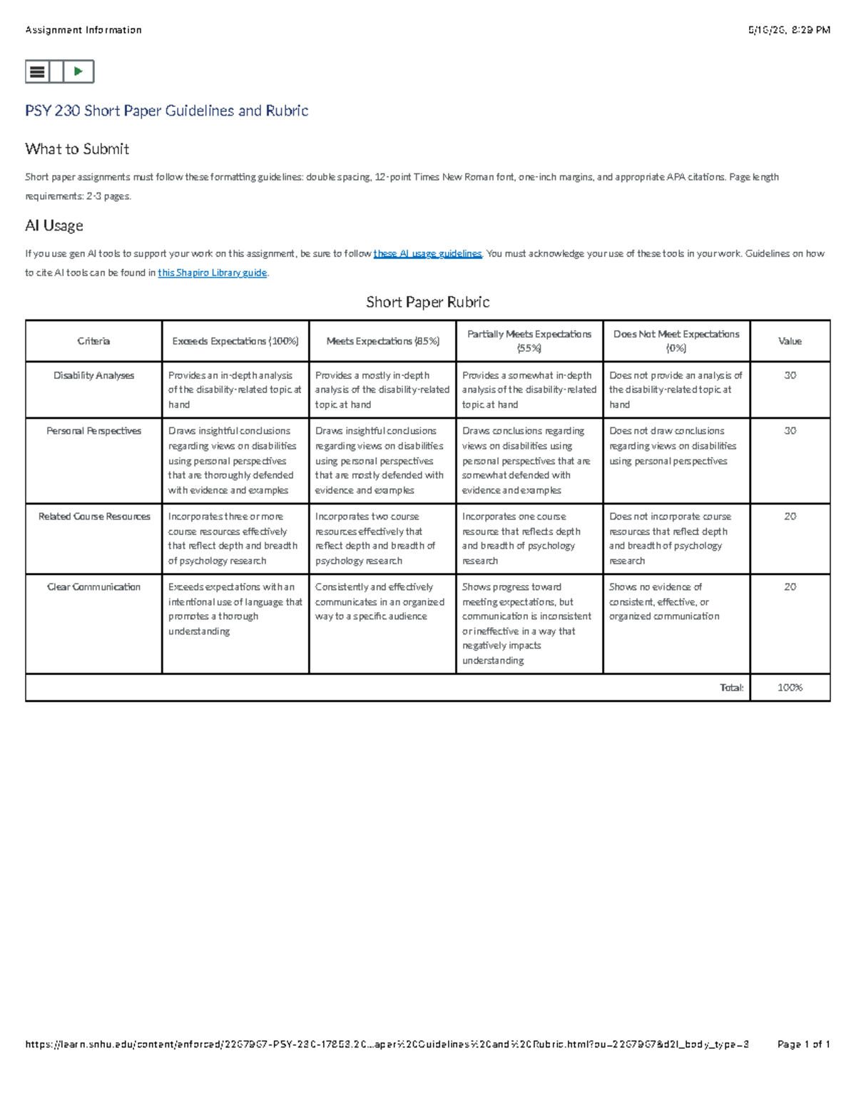 PSY 230 Short Paper Guidelines and Rubric - Studocu