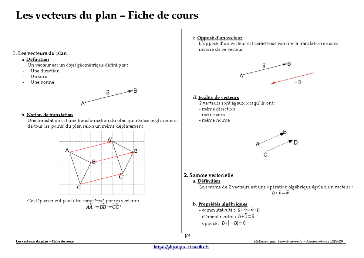 Vecteurs du Plan - Fiche de Cours Mathématiques Seconde Générale - Studocu