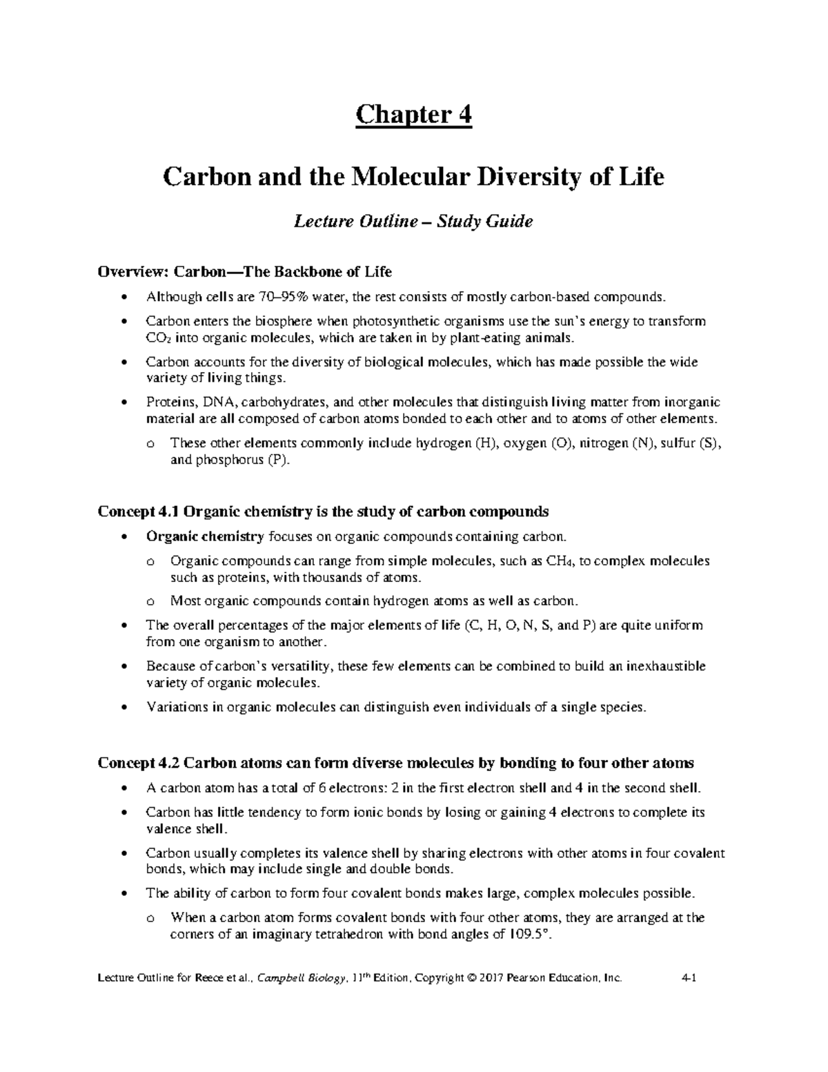 Lecture Outline: Chapter 4 - Carbon & Molecular Diversity (Biology 11th ...