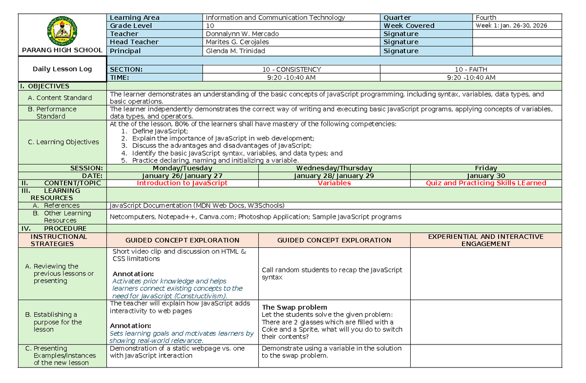 4th Quarter Week 1 Daily Lesson Plan: Introduction to JavaScript - Studocu