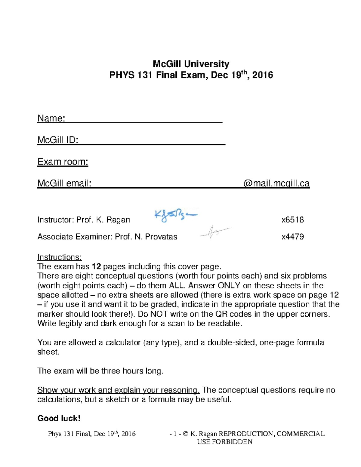 McGill University PHYS 131 Final Exam Review - Dec 19, 2016 - Studocu