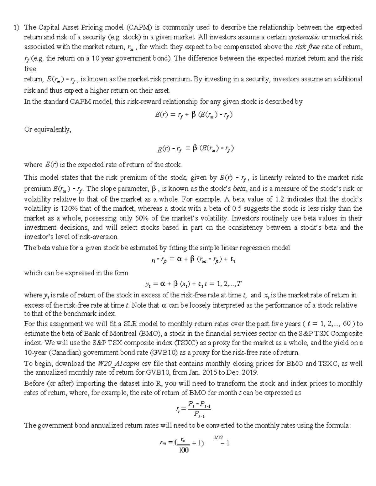 Assignment #1 - Regression Homework on CAPM Analysis and Beta ...