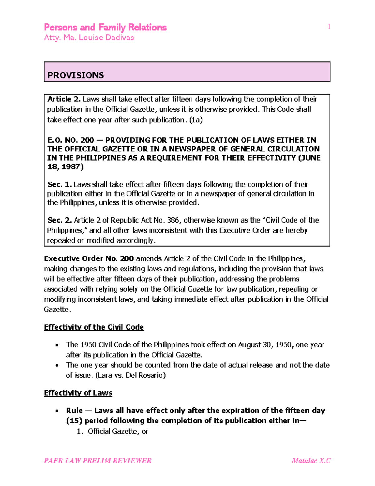 Pafr 1: Persons and family relations provisions and effectivity rules ...