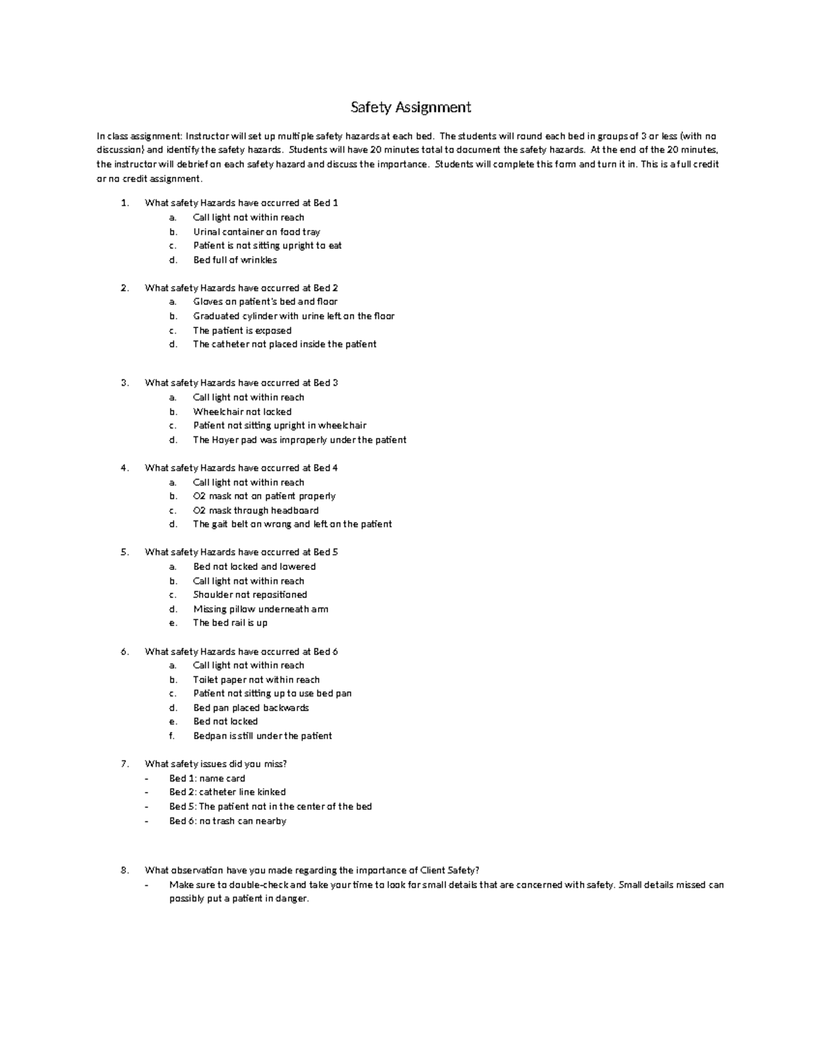 Safety Assignment: Identifying Hazards in Patient Care - Studocu