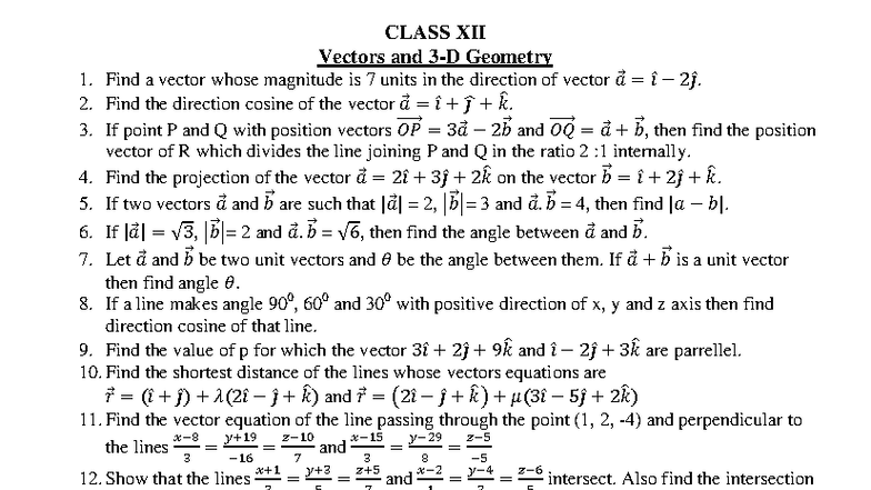 Ch. 10, 11 - CLASS XII Vectors & 3D Geometry Notes - Studocu