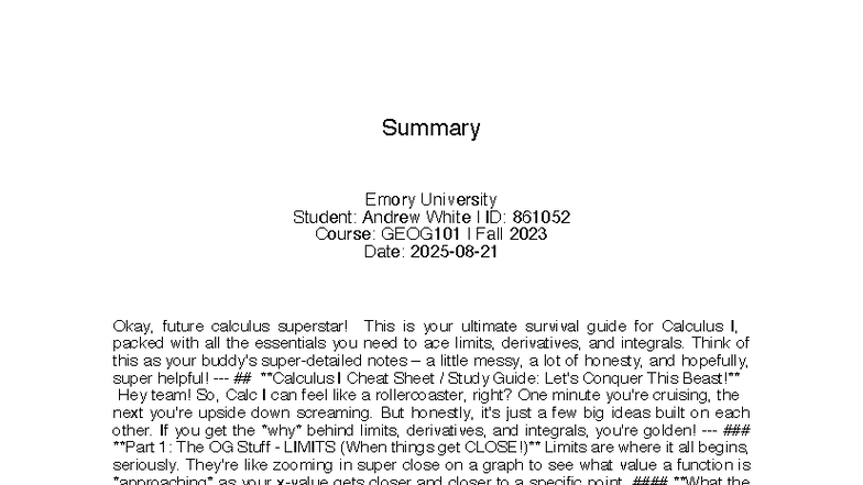 GEOG101 Fall 2023: Ultimate Survival Guide for Calculus I - Studocu