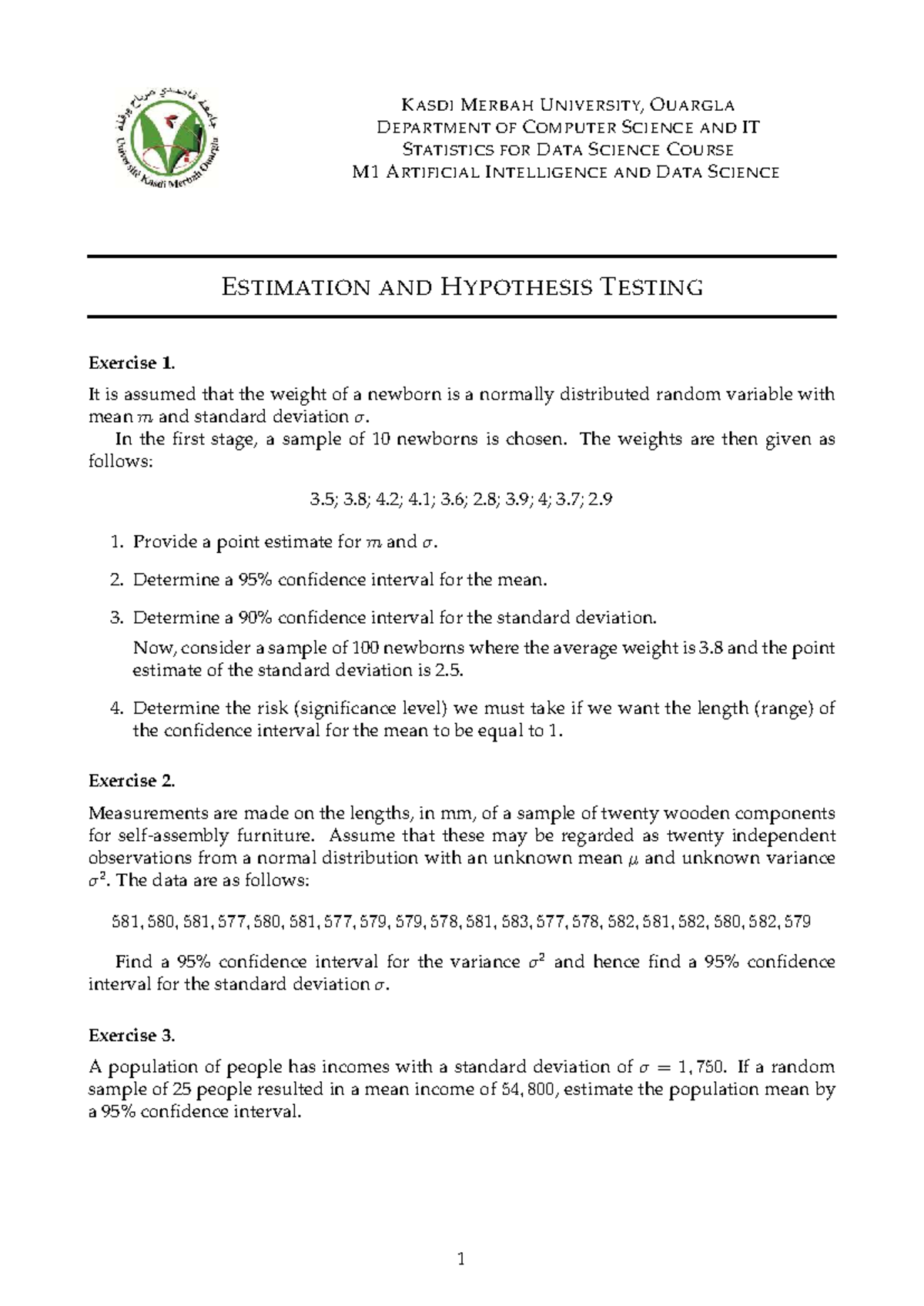 STAT-SD3: Estimation & Hypothesis Testing Exercises for AI & DS - Studocu