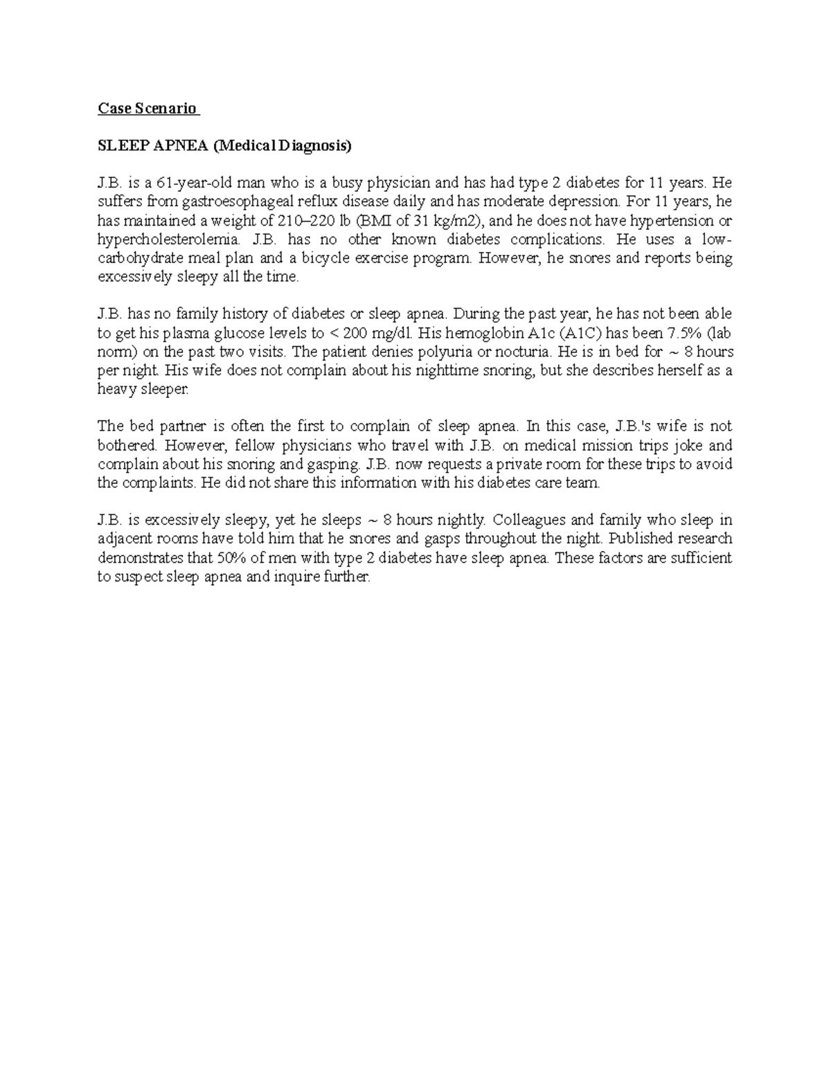 Sleep Apnea Care Plan: Case Study for Patient J (Diabetes) - Studocu