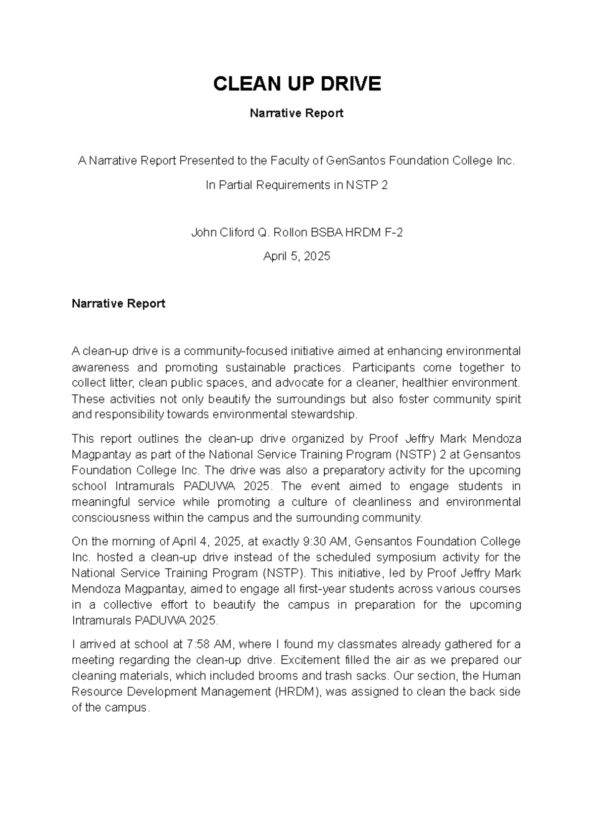 NSTP 2 Clean Up Drive Narrative Report - April 2025 - Studocu
