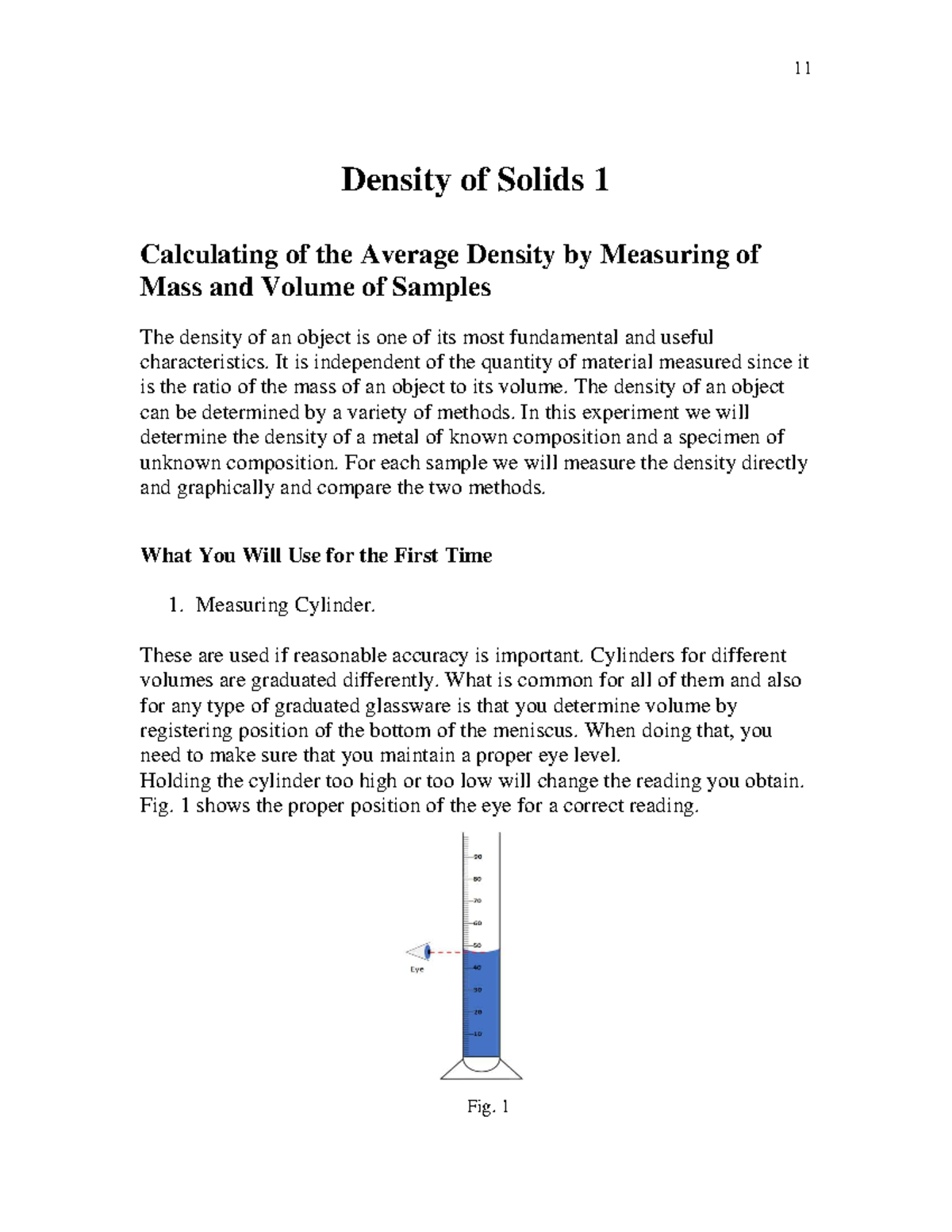 Lab 1 - Density of Solids: Measuring Mass & Volume of Samples - Studocu