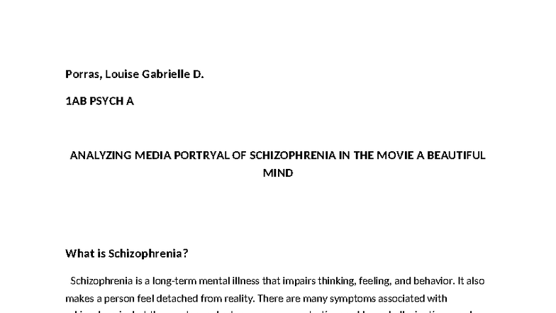 1AB PSYCH A Essay: Analyzing Schizophrenia in A Beautiful Mind - Studocu