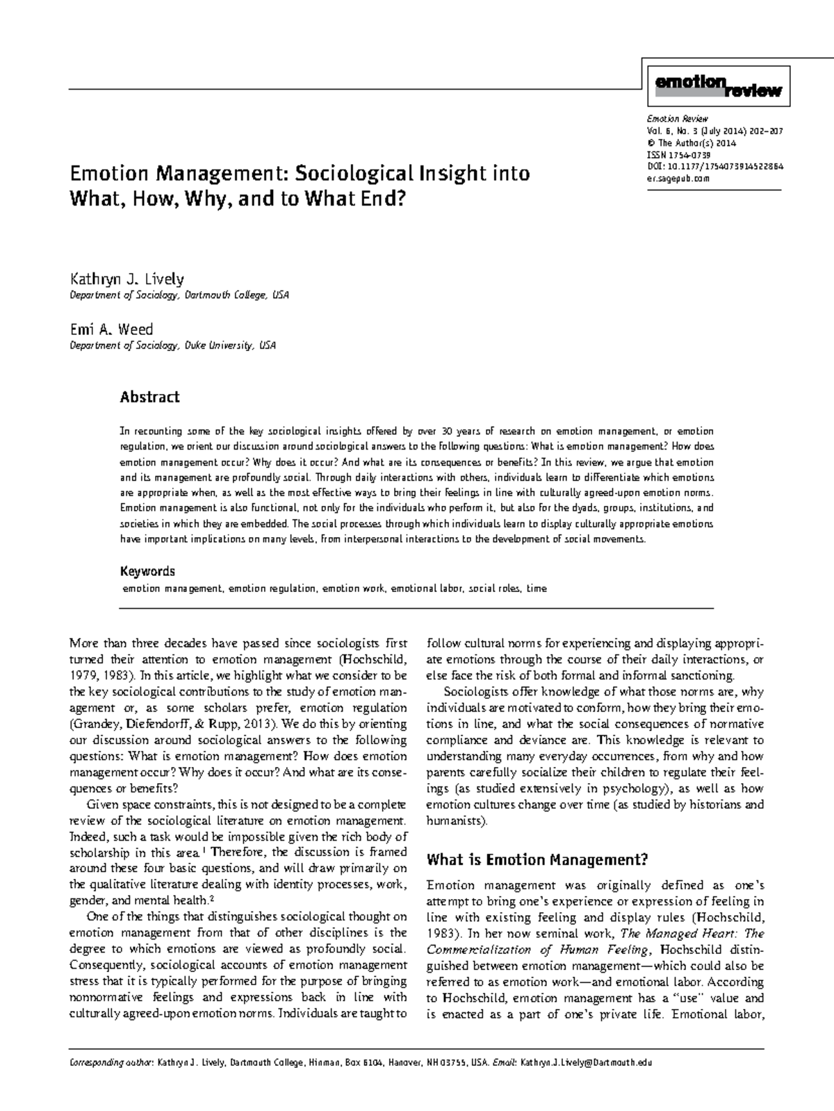 522864 Emotion Management: Sociological Insights and Implications - Studocu