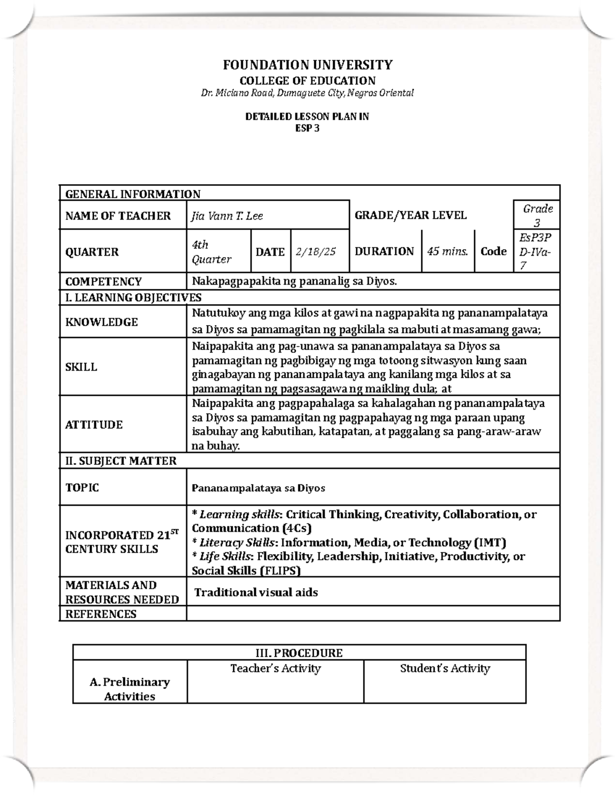 Detailed Lesson Plan in ESP 3 (Grade 3) - 4th Quarter - Studocu