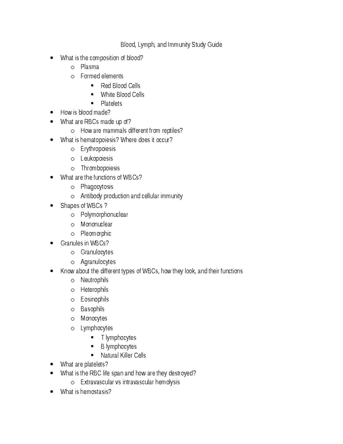 Blood, Lymph, and Immunity Study Guide (BIOL 101: Midterm Prep) - Studocu