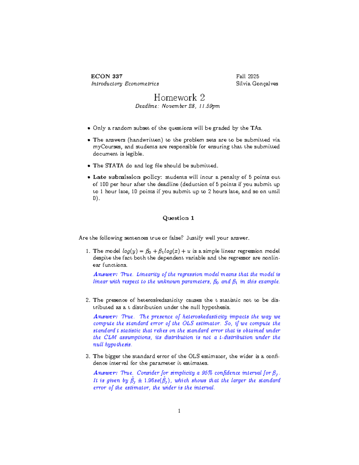 ECON 337 Fall 2025 Homework 2 Solutions - Prof. Sílvia Gonçalves - Studocu