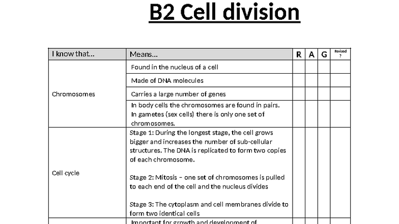 B2 Cell Division - Biology Revision Notes on Mitosis & Stem Cells - Studocu