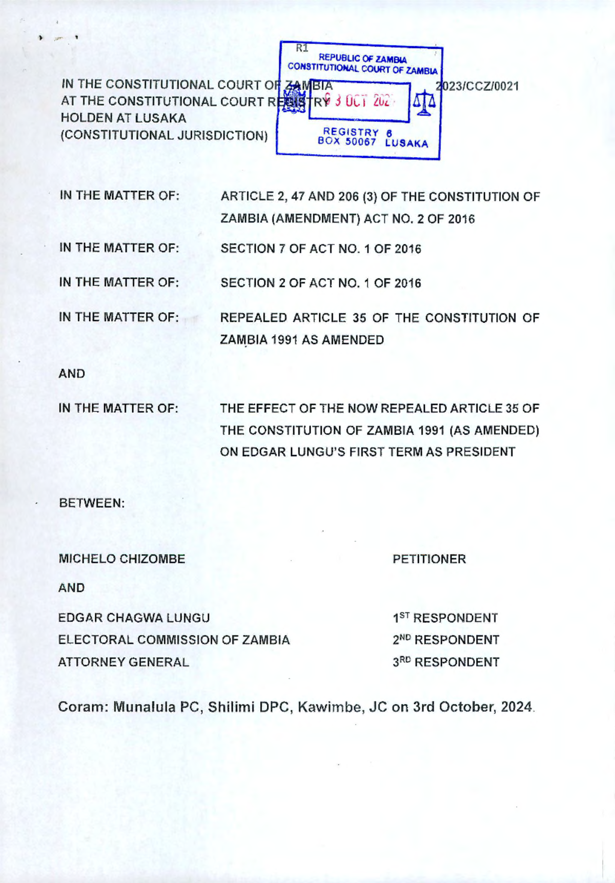 Michelo Chizombe v Edgar Chagwa Lungu: Constitutional Court Ruling ...