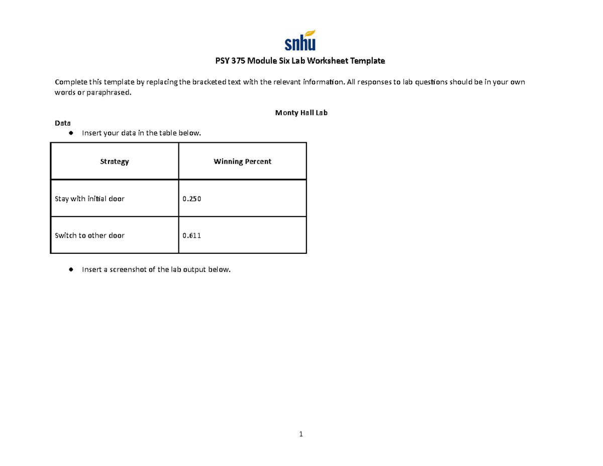PSY 375 Module 6 Lab Worksheet: Monty Hall & Wason Selection Analysis - Studocu