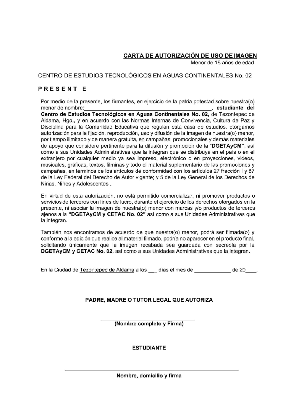 CARTA DE AUTORIZACIÓN DE USO DE IMAGEN - CETAC No. 02 - Studocu