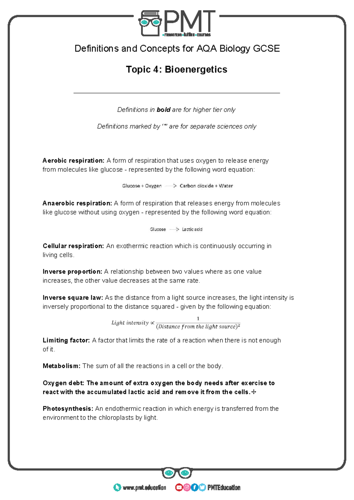 AQA Biology GCSE Topic 4: Bioenergetics Key Definitions for Higher Tier ...