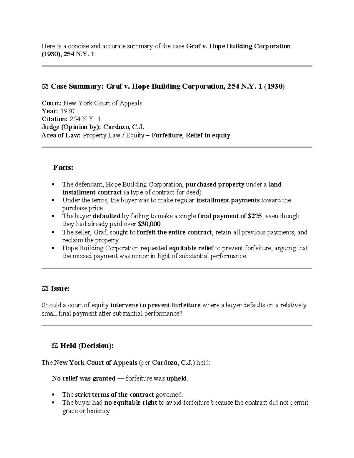 Case Summary: Graf v. Hope Bldg. Corp. (1930) - Property Law - Studocu