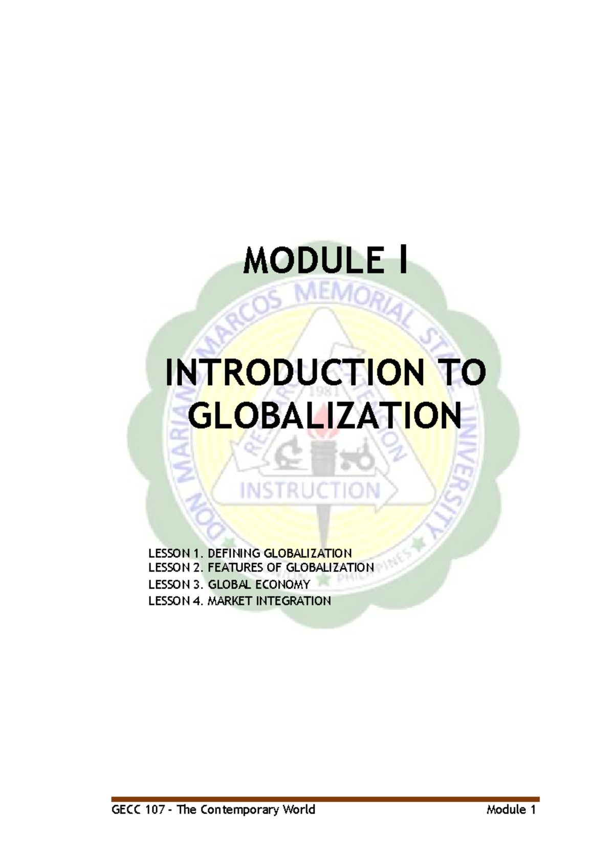 Module-I - MODULE I INTRODUCTION TO GLOBALIZATION LESSON 1. DEFINING GLOBALIZATION LESSON 2 ...