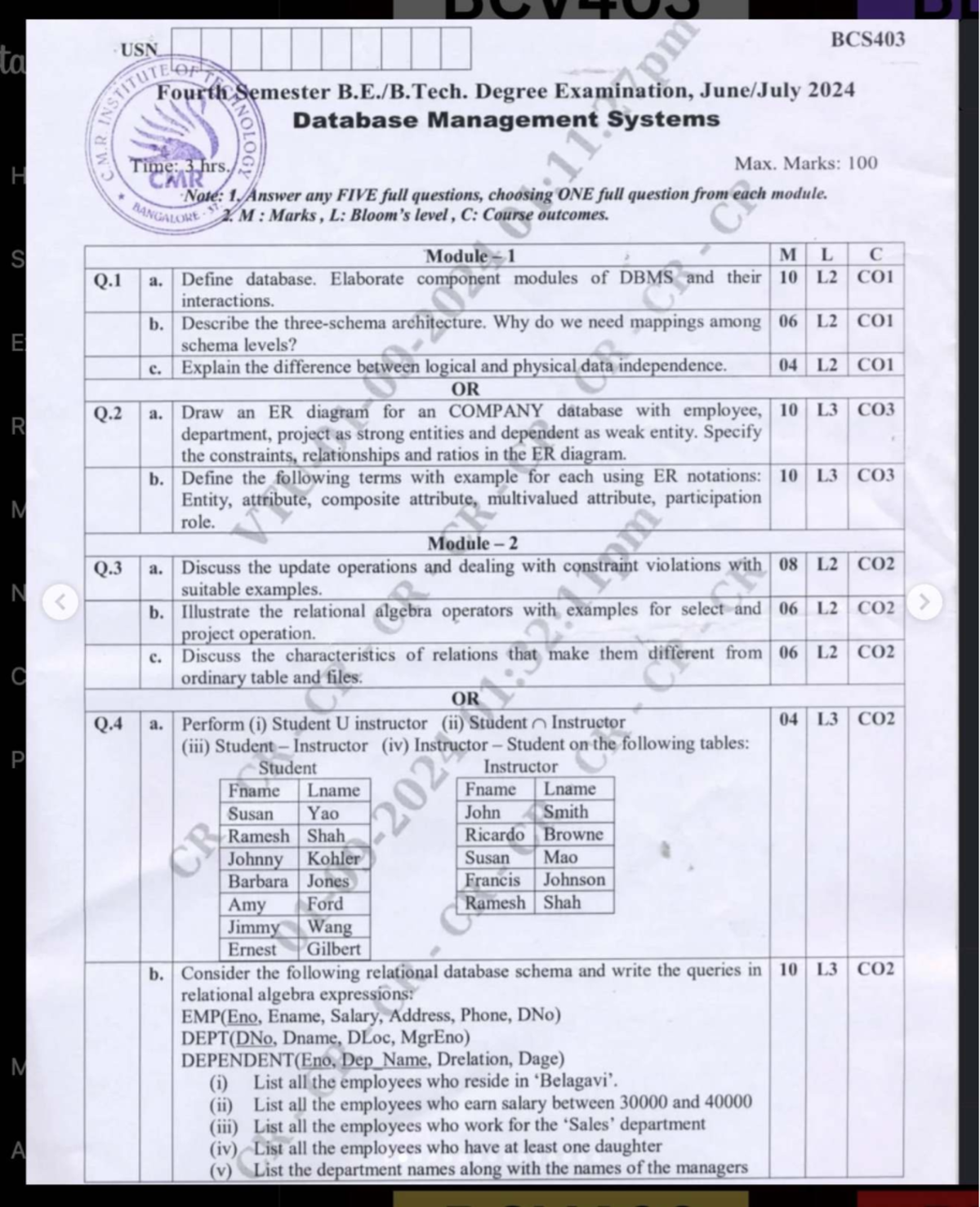 BCS403 Fourth Semester DBMS Model Question Paper & Notes - Studocu