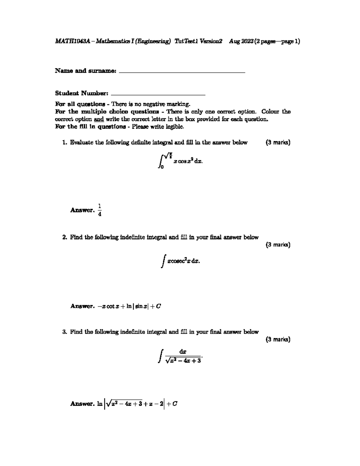 MATH1043 Tutorial Test 1 Version 2 Memo Analysis - Studocu