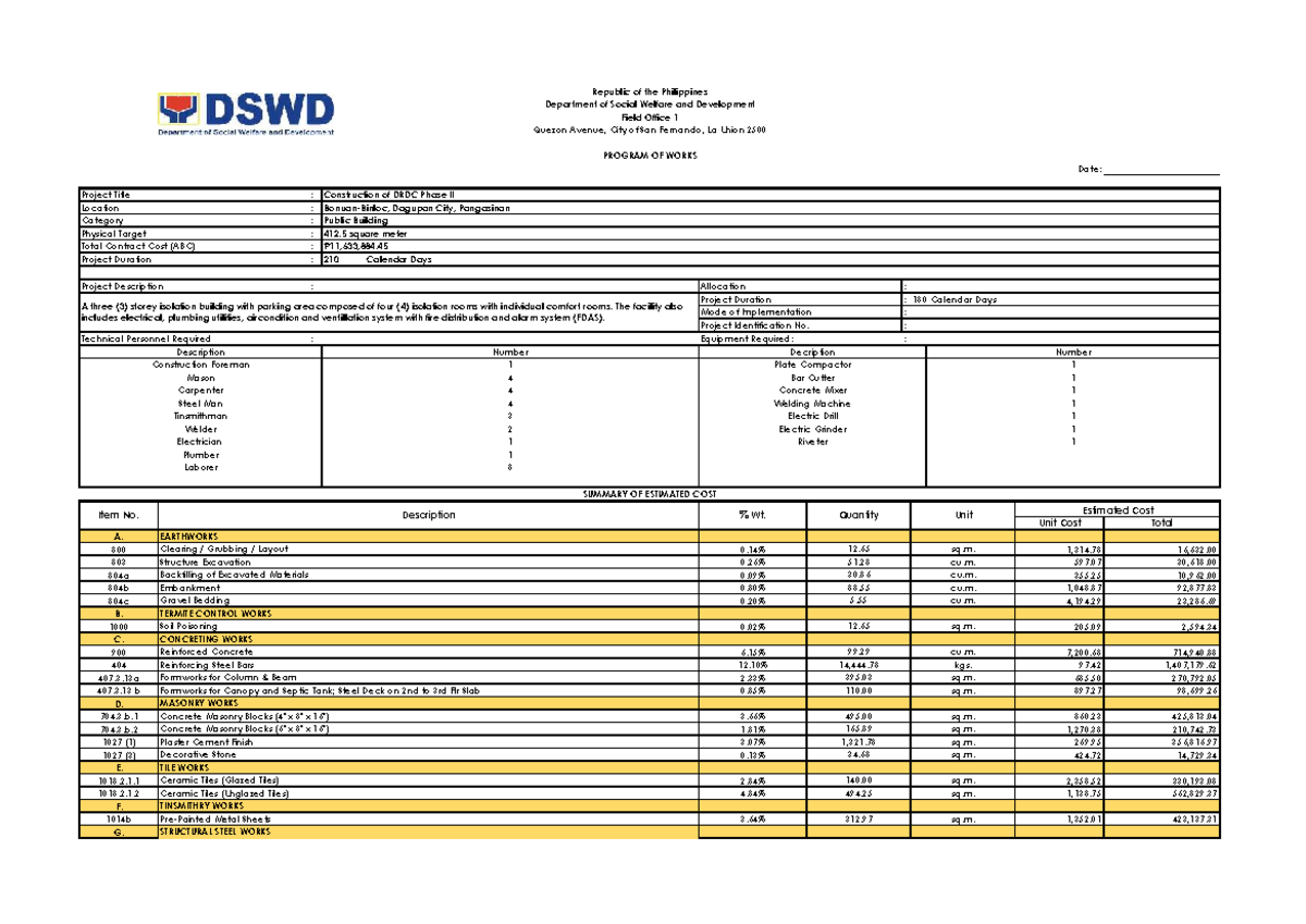 Program of Works and DUPA DRDC Phase 2 1 - Date: Project Title ...