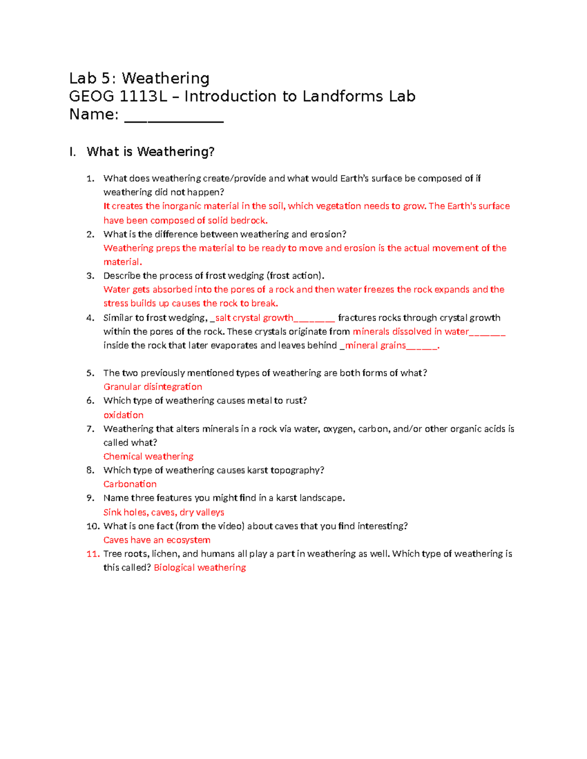 Lab 5 - Weathering Analysis: GEOG 1113L Lab Assignment - Studocu