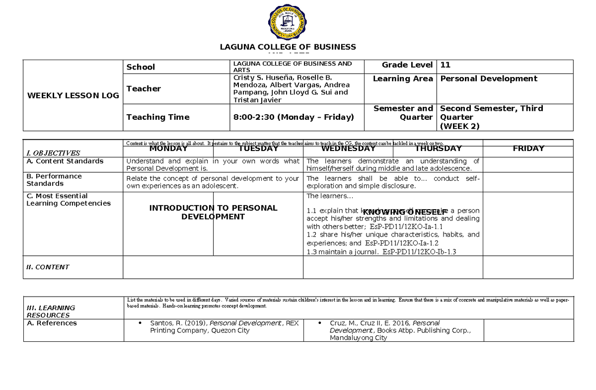 Lesson 1: Personal Development (Grade 11, Week 2) - Studocu