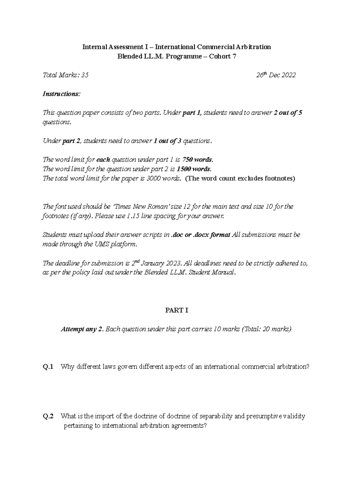 Internal Assessment I - ICA - Internal Assessment I – International ...
