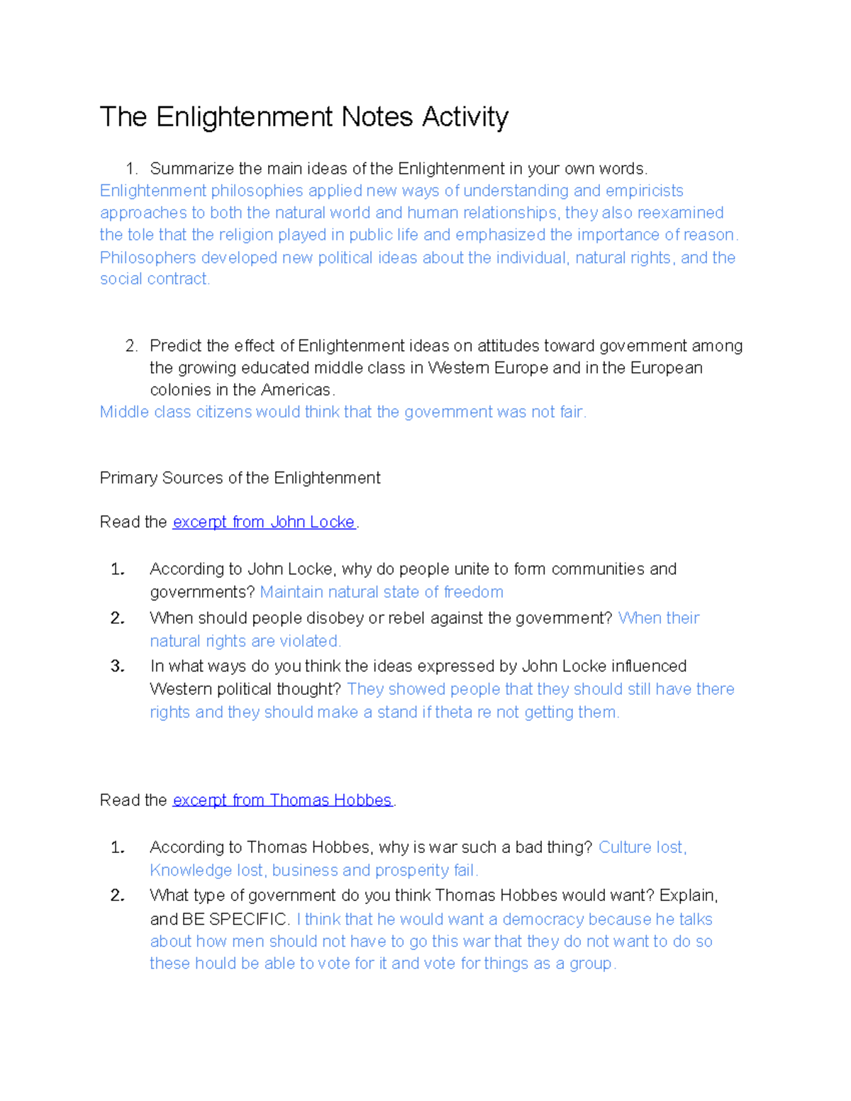 The Enlightenment Notes Activity - 8532818 - The Enlightenment Notes ...