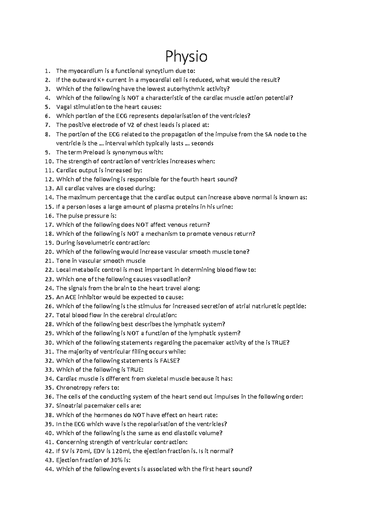 Physio Exam Questions for Course Code: PHYS202 - Studocu