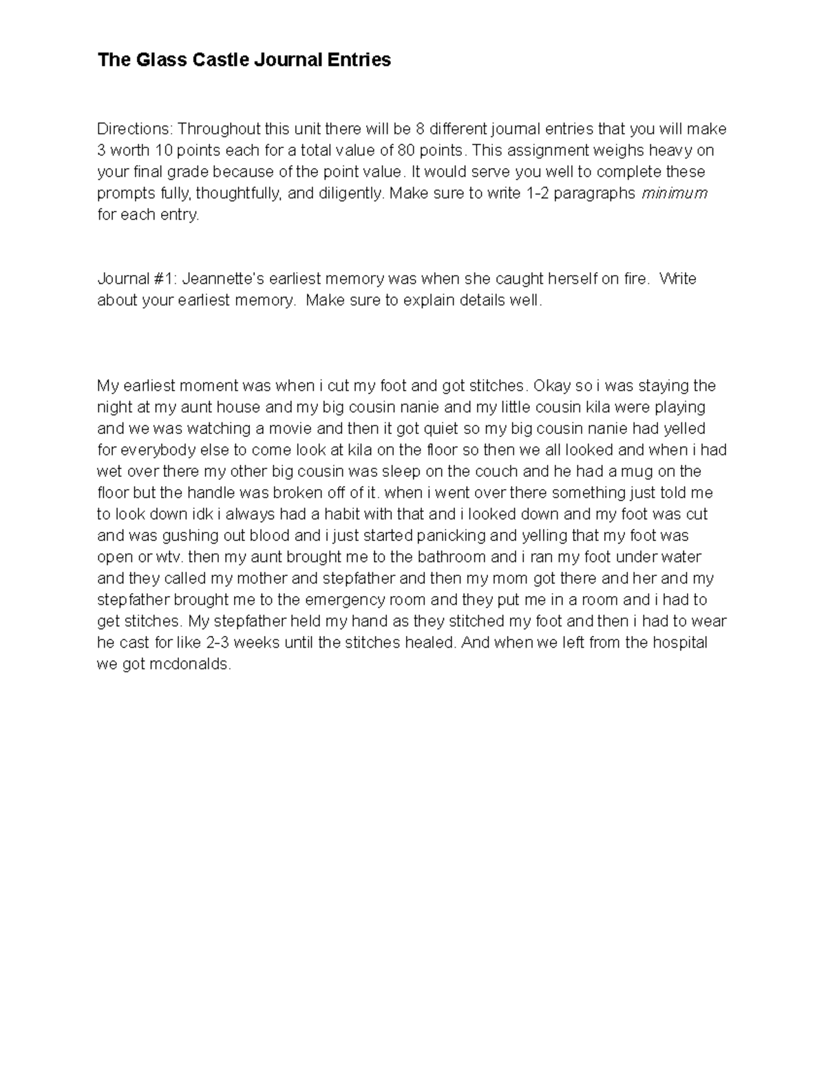 ENG 101 - The Glass Castle Journal Entries Overview and Prompts - Studocu