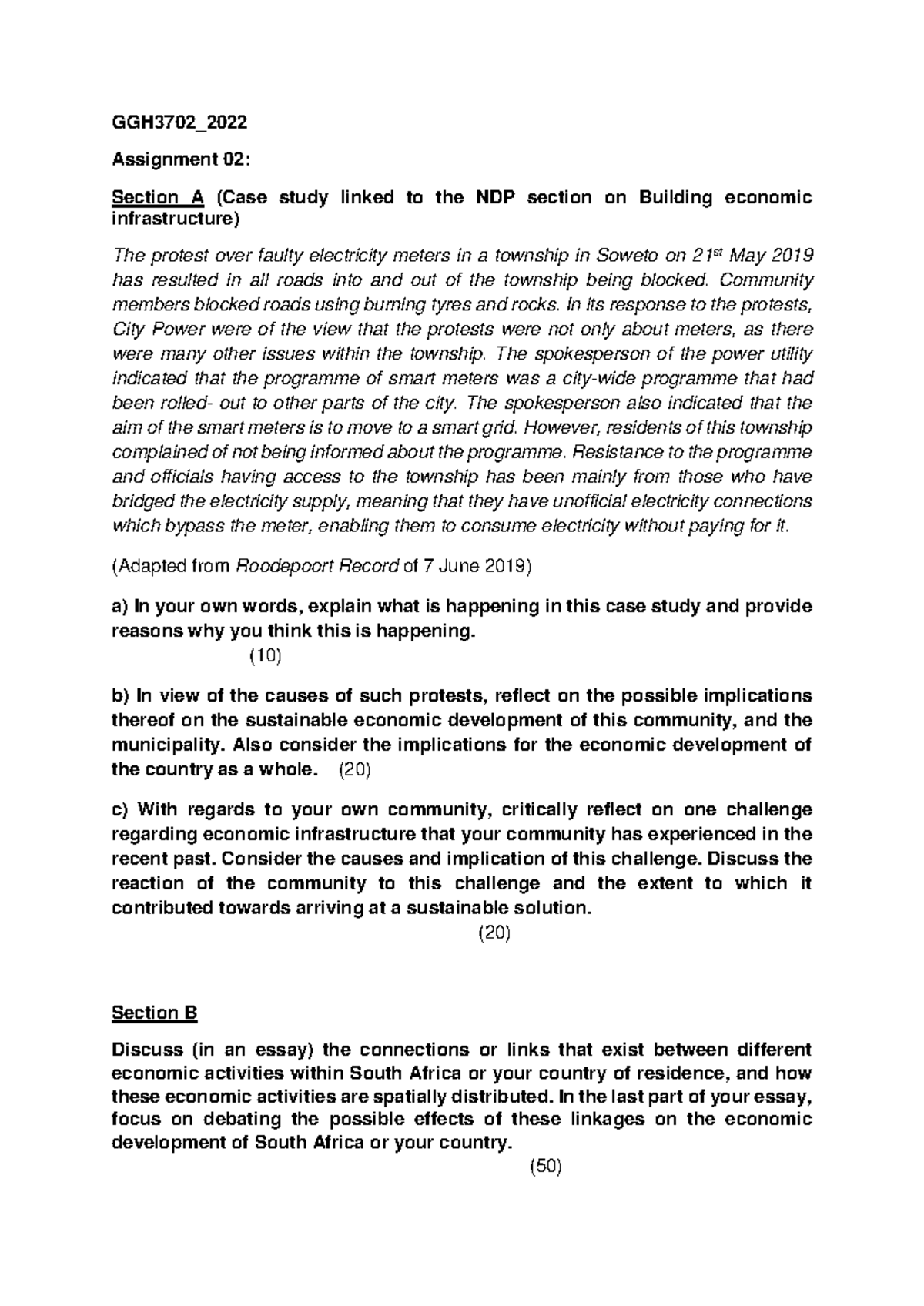 GGH3702 Assignment 02: Economic Infrastructure Case Study Analysis ...