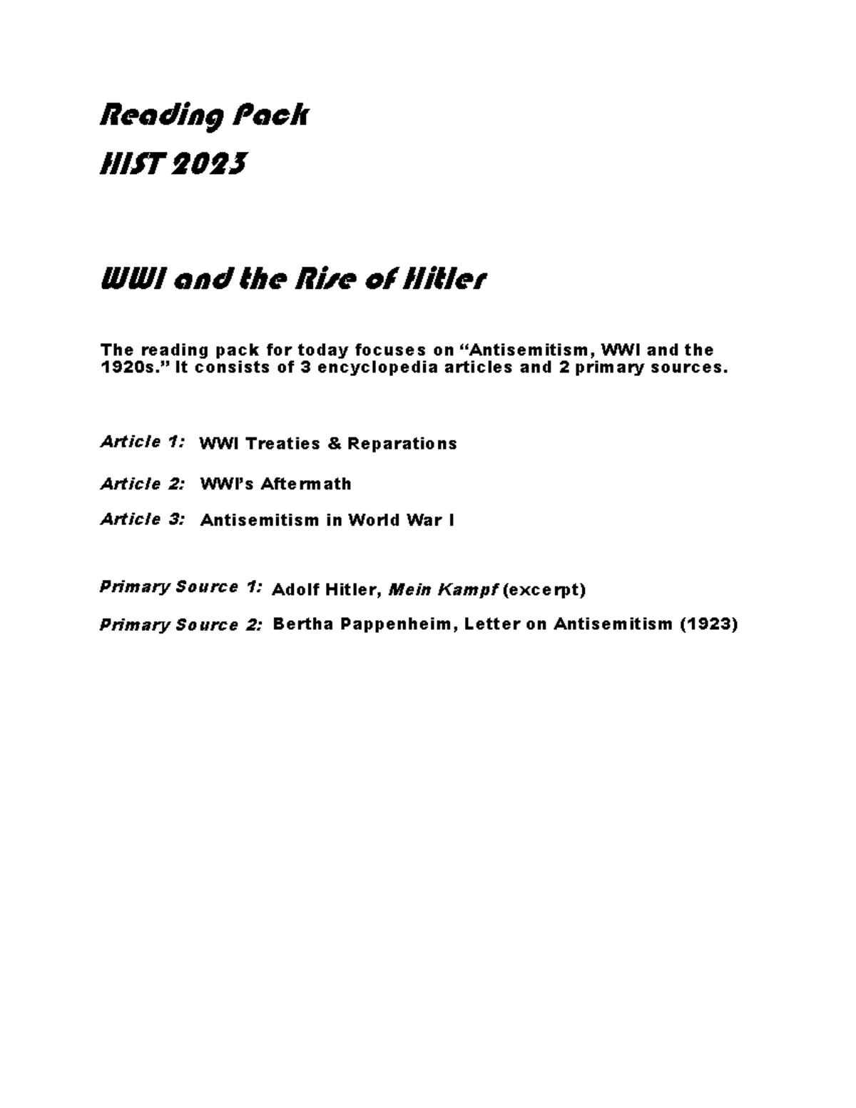 Reading Pack HIST 2023: WWI and the Rise of Hitler Insights - Studocu