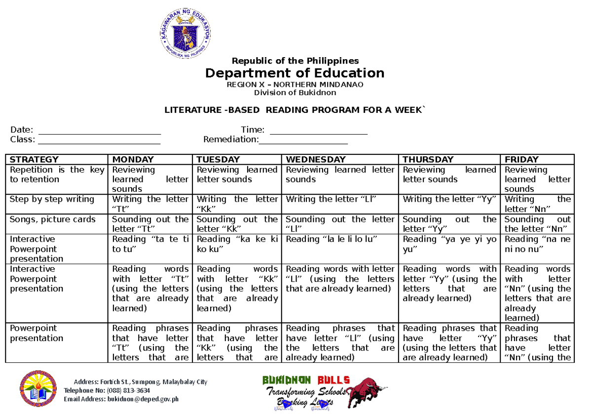 LRCP Literature Based Reading-Plan Sarah - Republic of the Philippines Department of Education ...