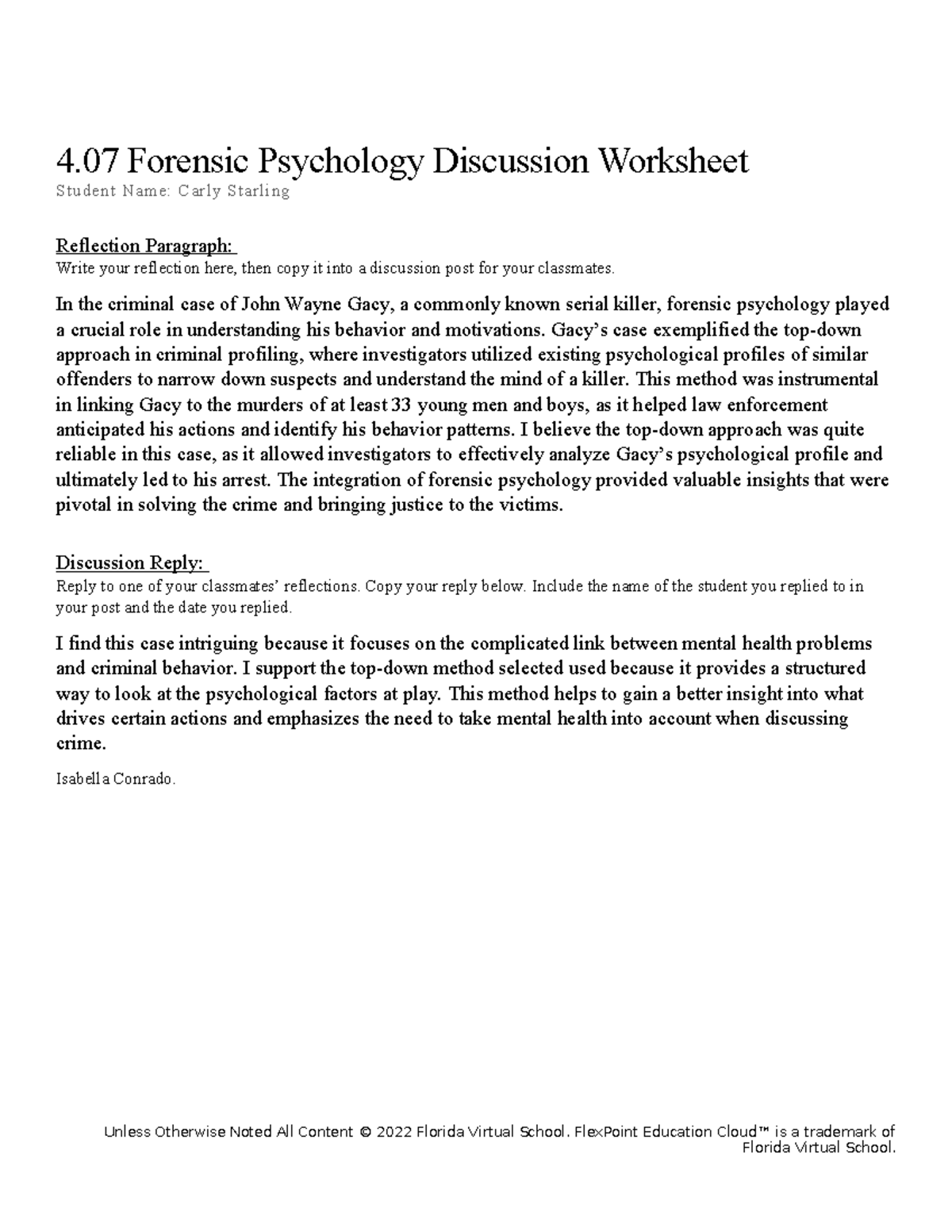 4.07 Forensic Psychology Discussion Worksheet Reflection on Gacy Case ...