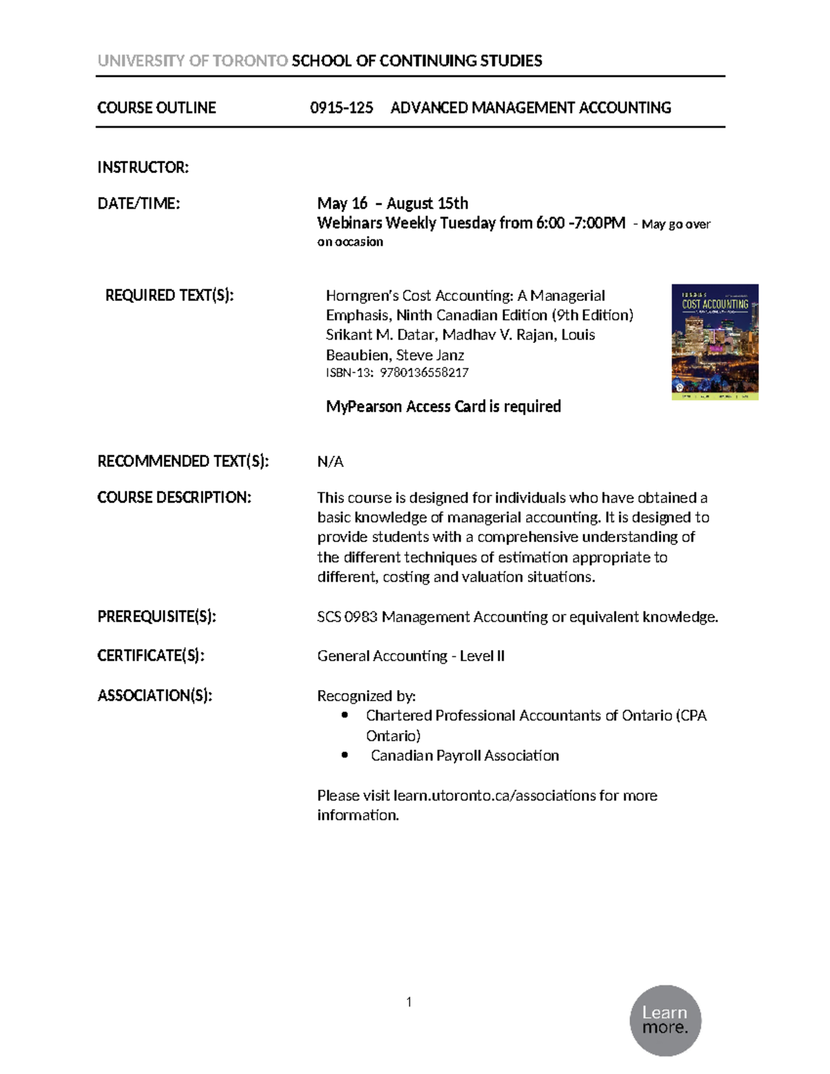 Advanced Management Accounting Course Outline 0915-125 - Studocu