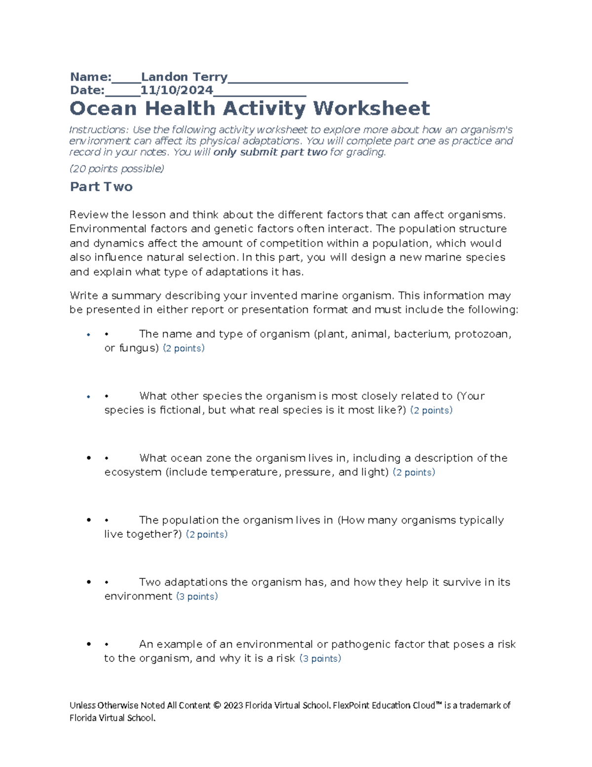 Ocean health worksheet - Name:Landon Terry ...