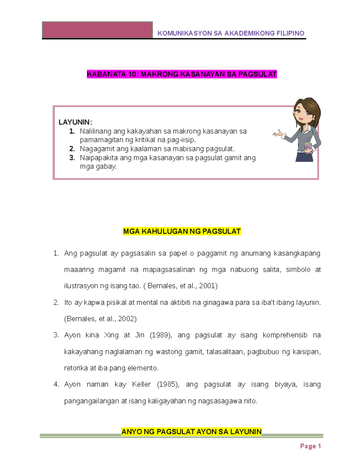 Kabanata 10 Makrong Kasanayan SA Pagsulat - MODULE KOMUNIKASYON SA AKADEMIKONG FILIPINO Page 1 ...