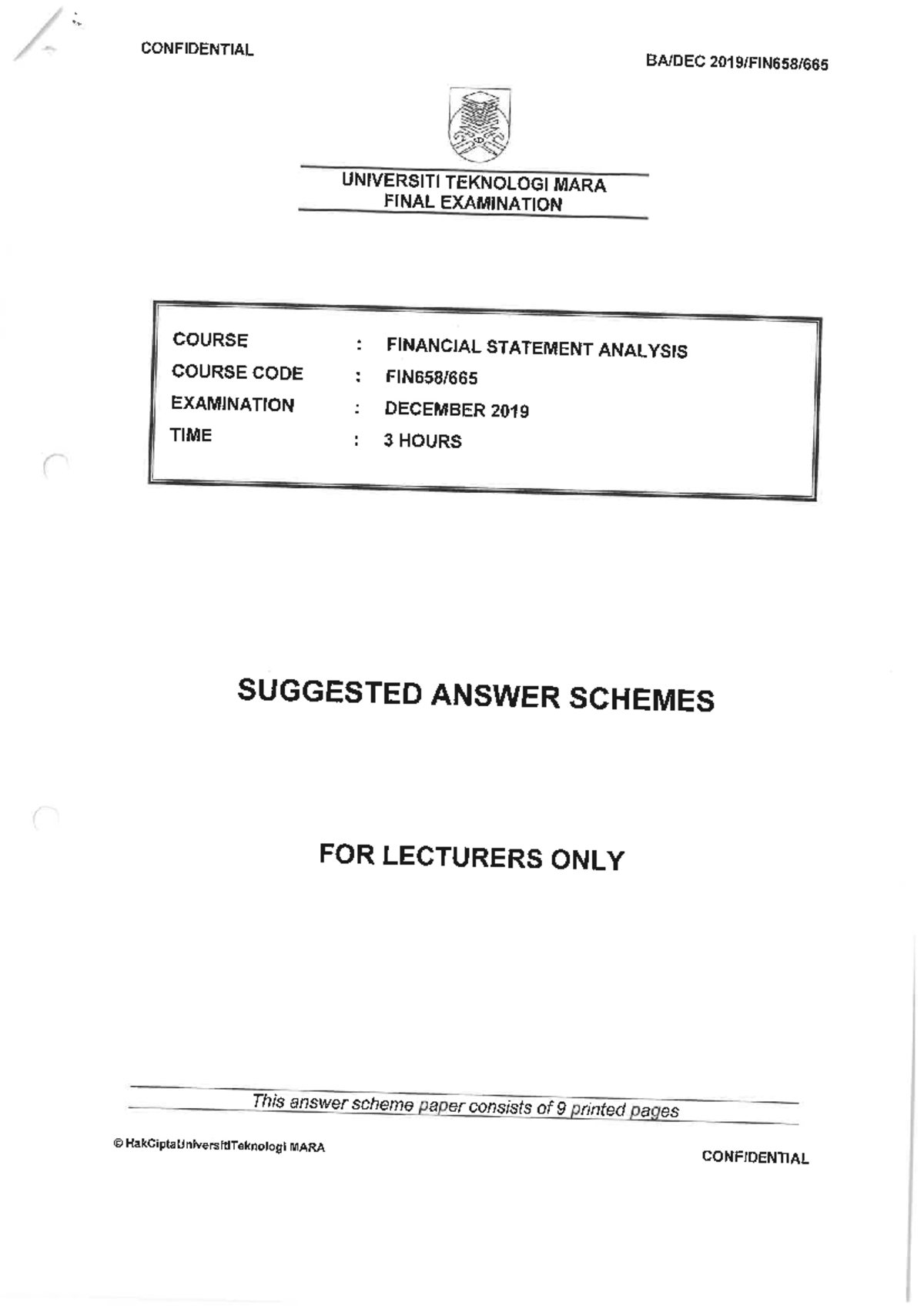 FIN658 DEC 2019 Final Exam Answer Scheme for Financial Analysis - Studocu