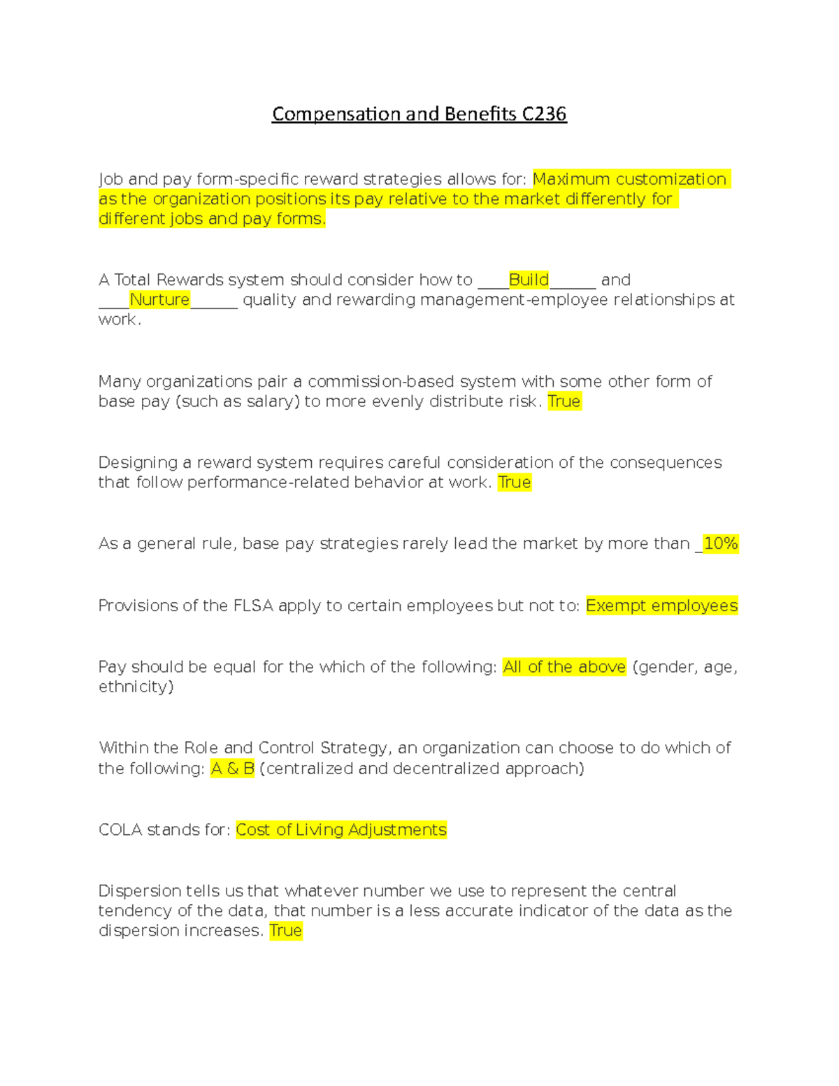 Compensation and Benefits C236 Final Test Practice Guide - Studocu