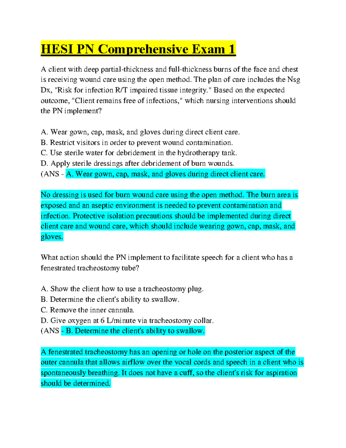 HESI PN Comprehensive Exam 1: Nursing Interventions & Patient Care - Studocu